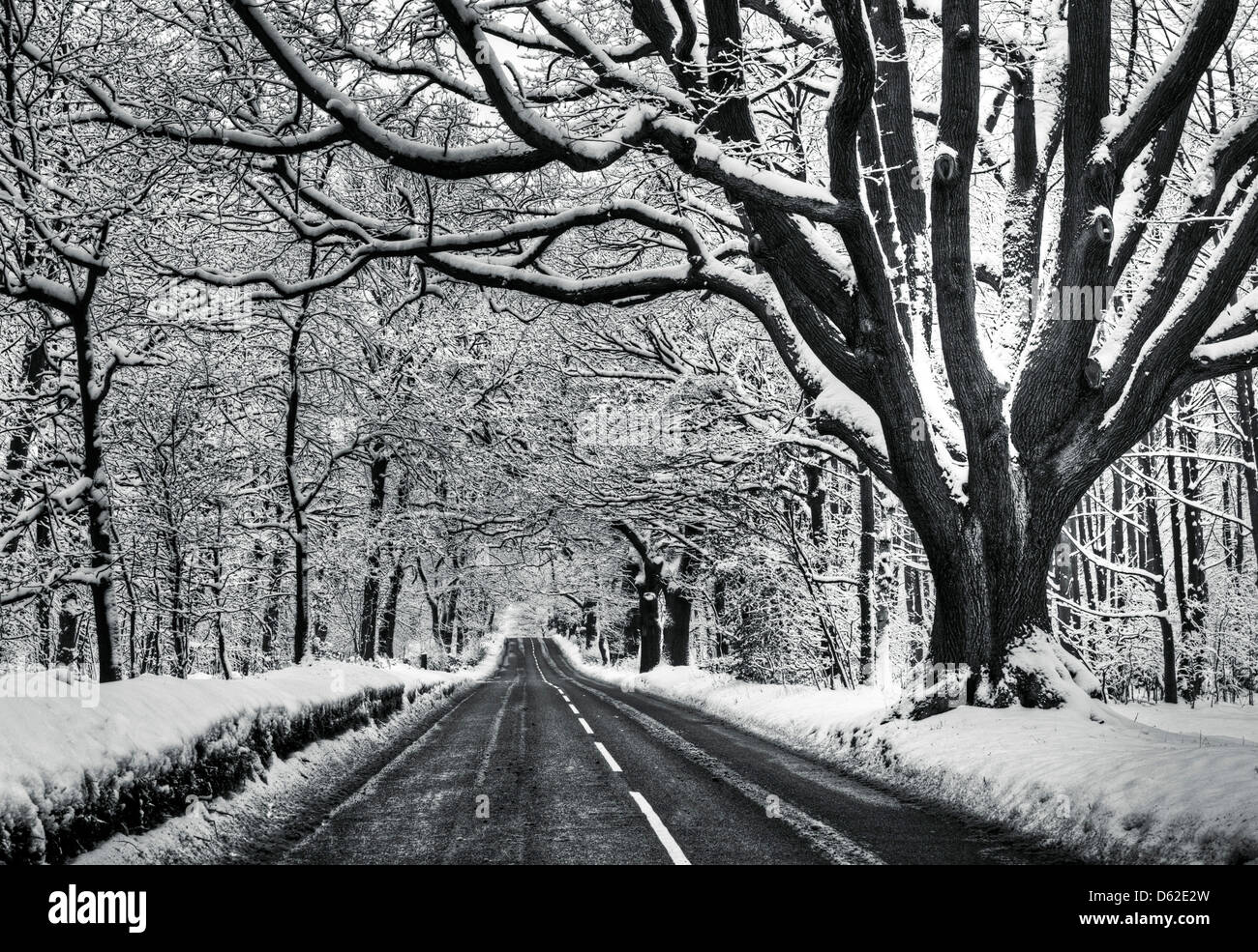 A road covered in snow, winter in Nottinghamshire England UK Stock ...