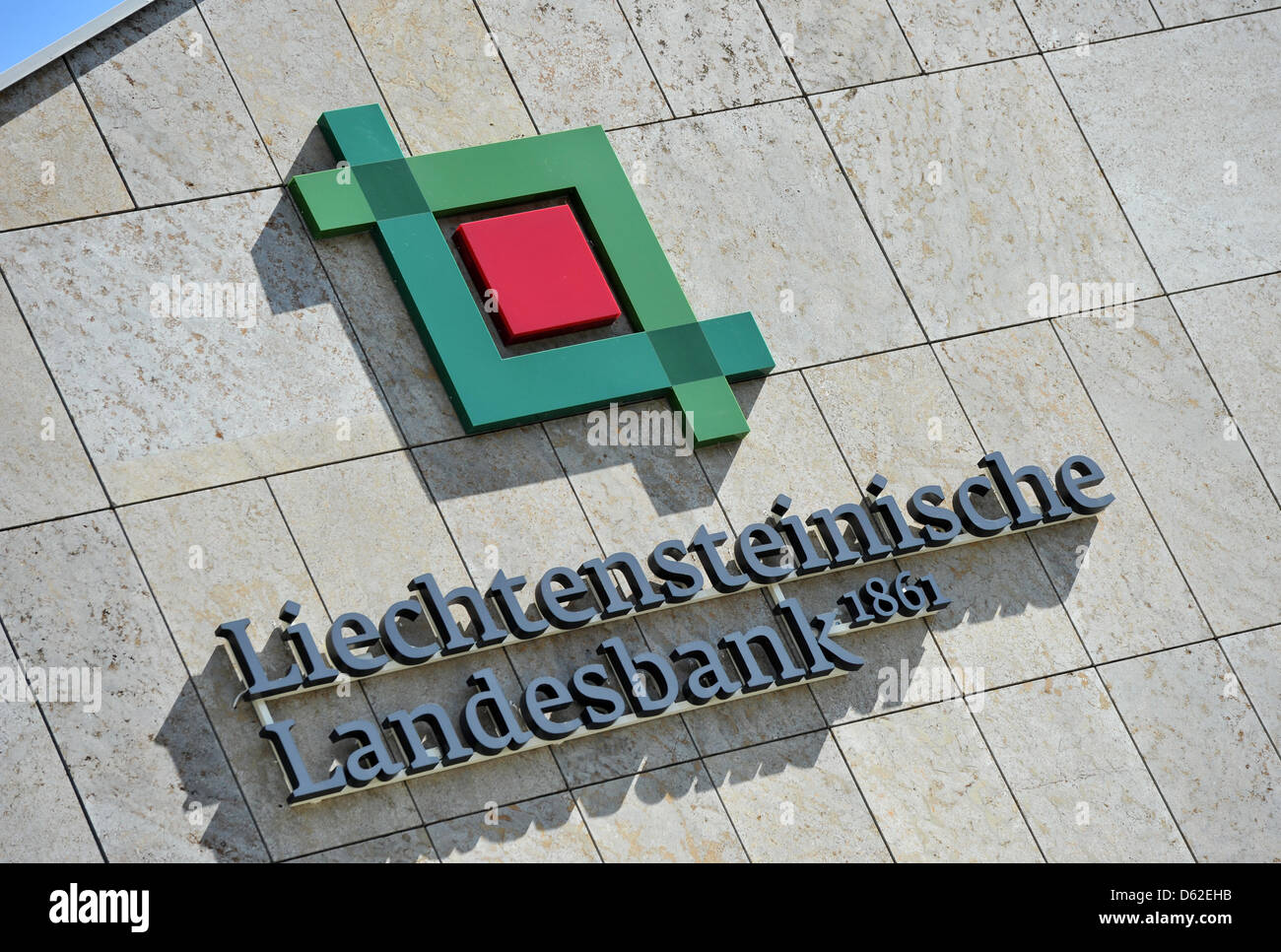 Logo and lettering of the Liechtenstein Landesbank at the bank's office ...