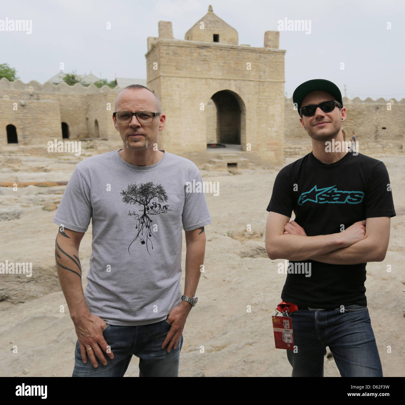 German musician Thomas D (L) and singer Roman Lob visits a temple in ...