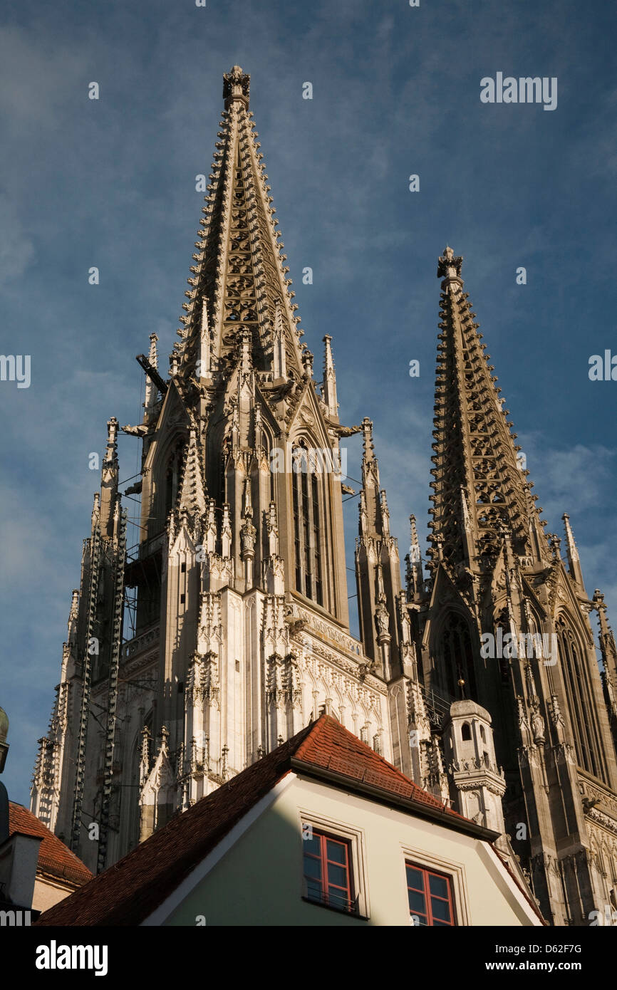 Towers of St. Peter's Cathedral in Old Town Regensburg, Germany, an ...
