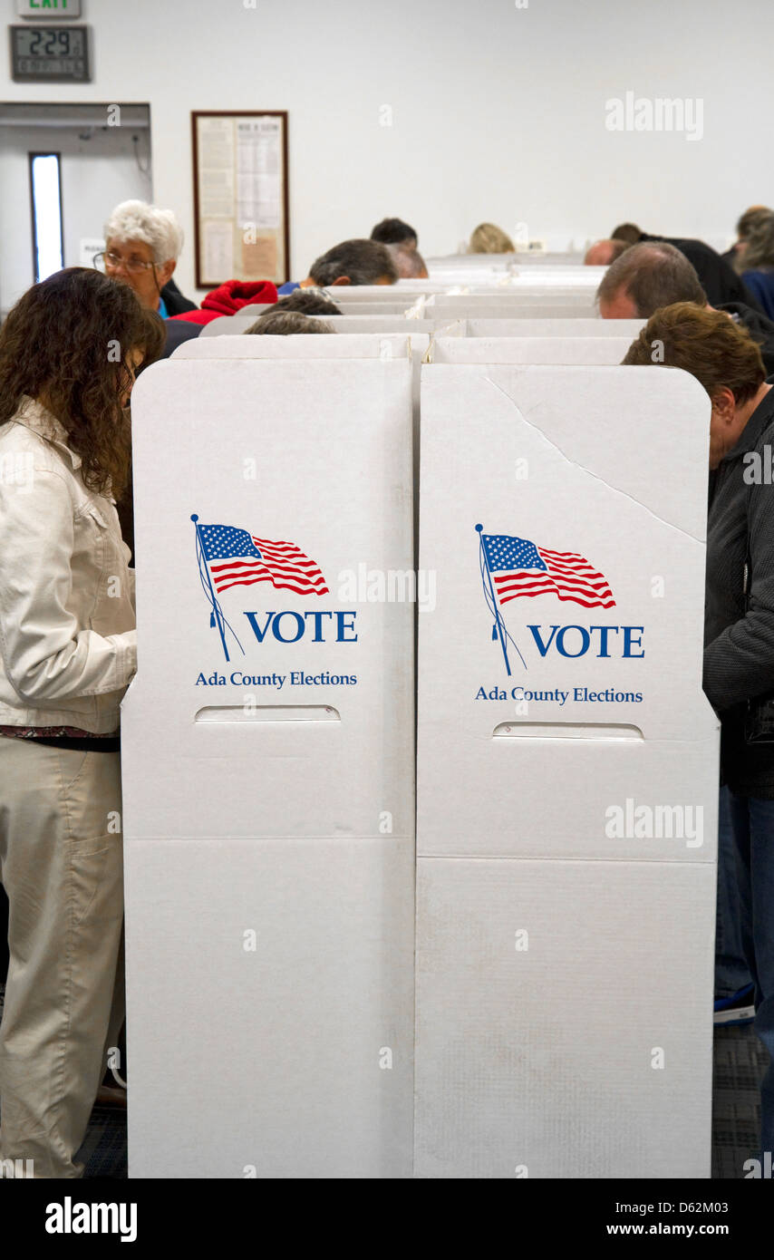 People vote in cardboard voting booths at a polling station in Boise ...
