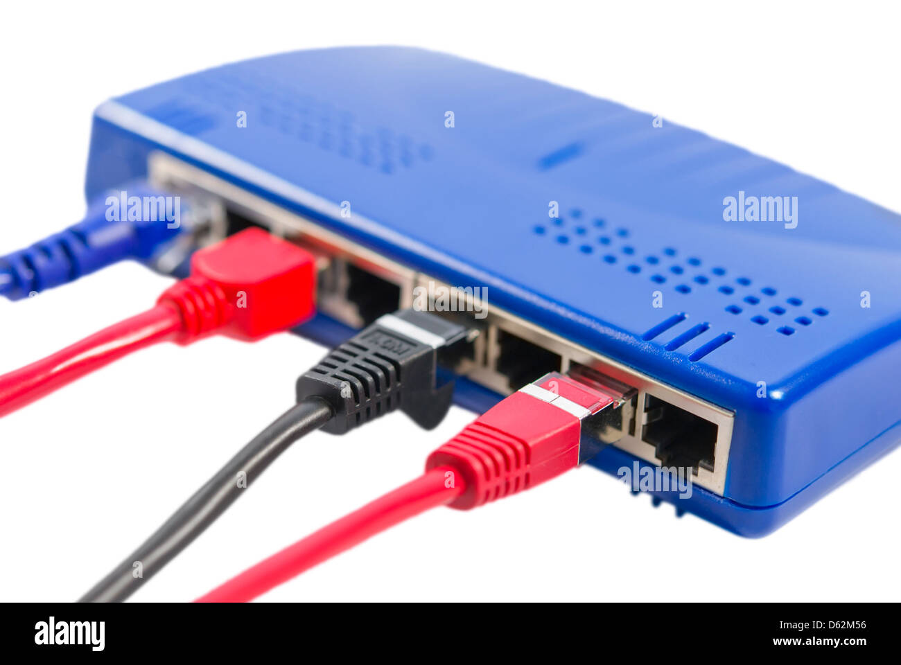 Blue network switch with multicolor cables isolated on white background ...