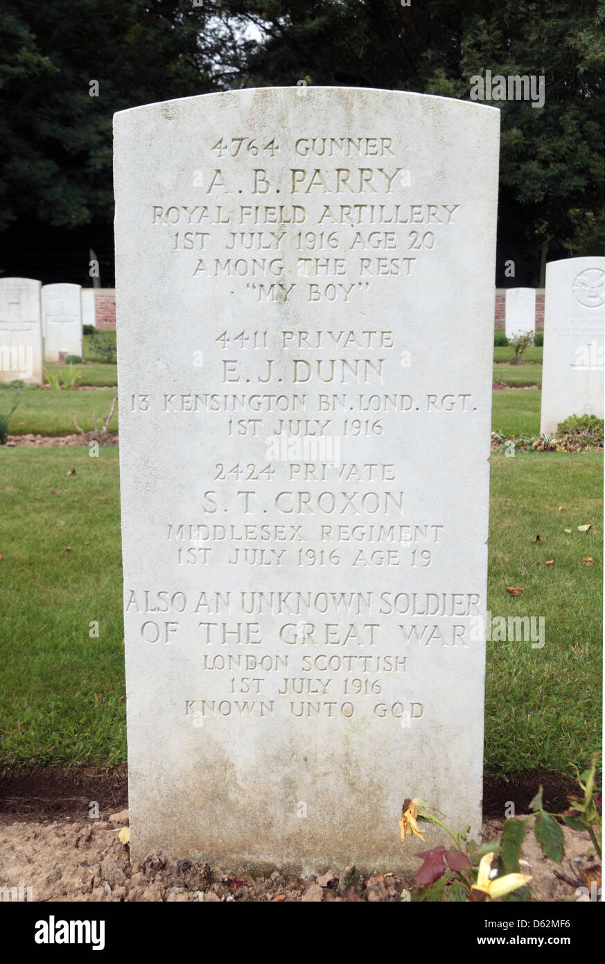 A grave containing four soldiers of the Great War in the CWGC Hebuterne ...