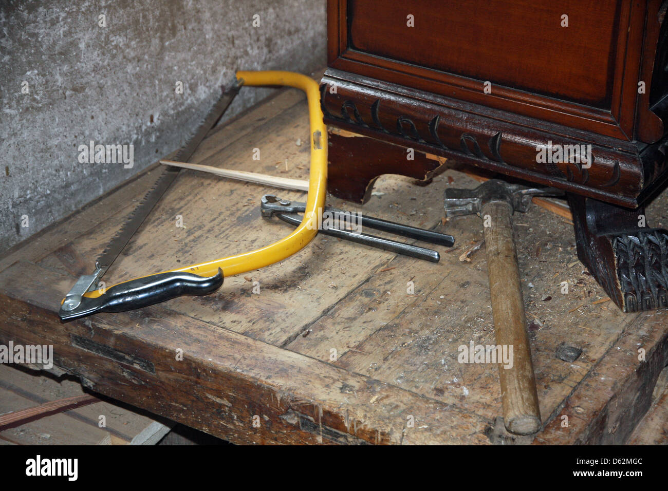 tools in a dusty carpentry workshop expert in restoration of antique ...