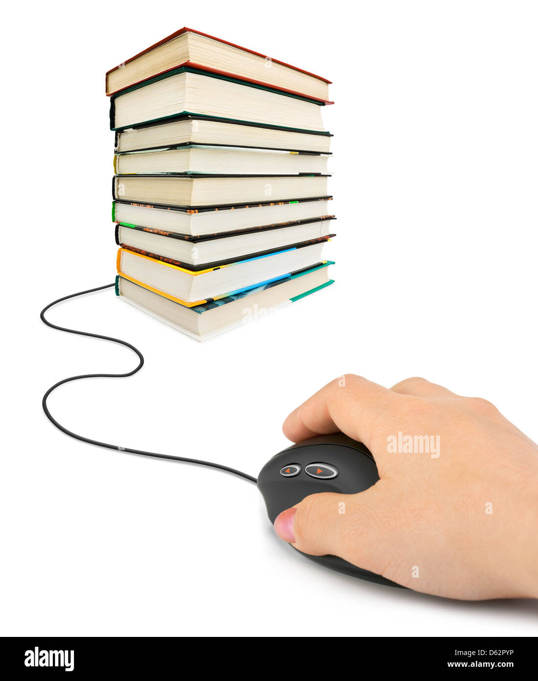 Hand with computer mouse and books Stock Photo - Alamy