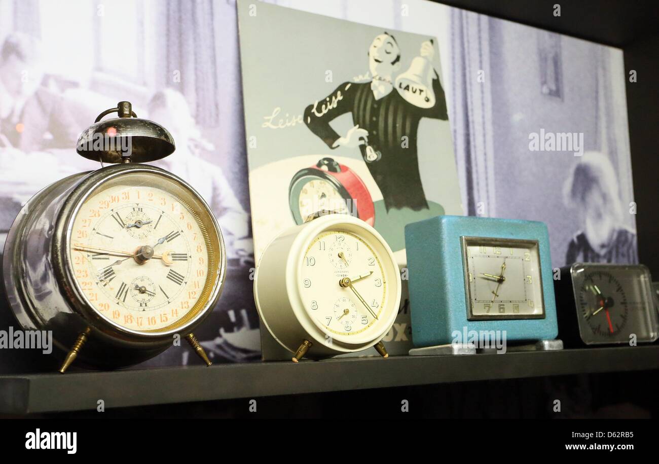Various alarm clocks are on display as part of the exhibition 'Tempo ...