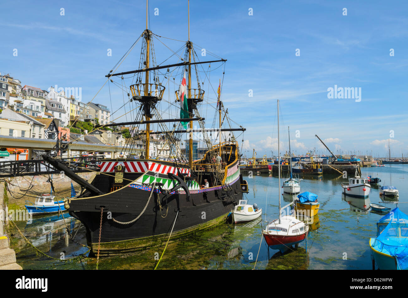 Replica of the English galleon, Golden Hind, in Brixham harbour, Devon ...