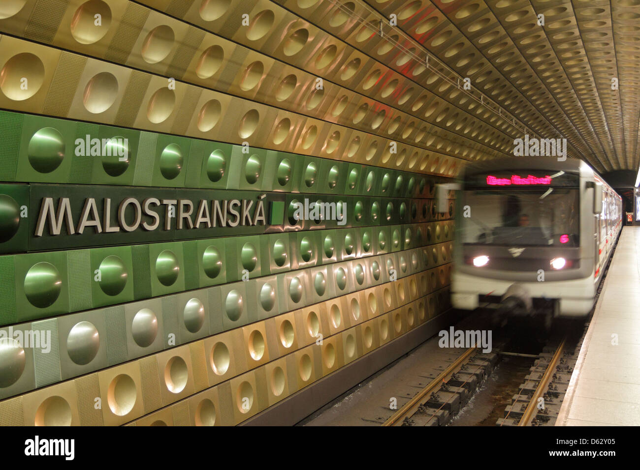 Train arriving at Malostranska metro station in Mala Strana in Prague ...