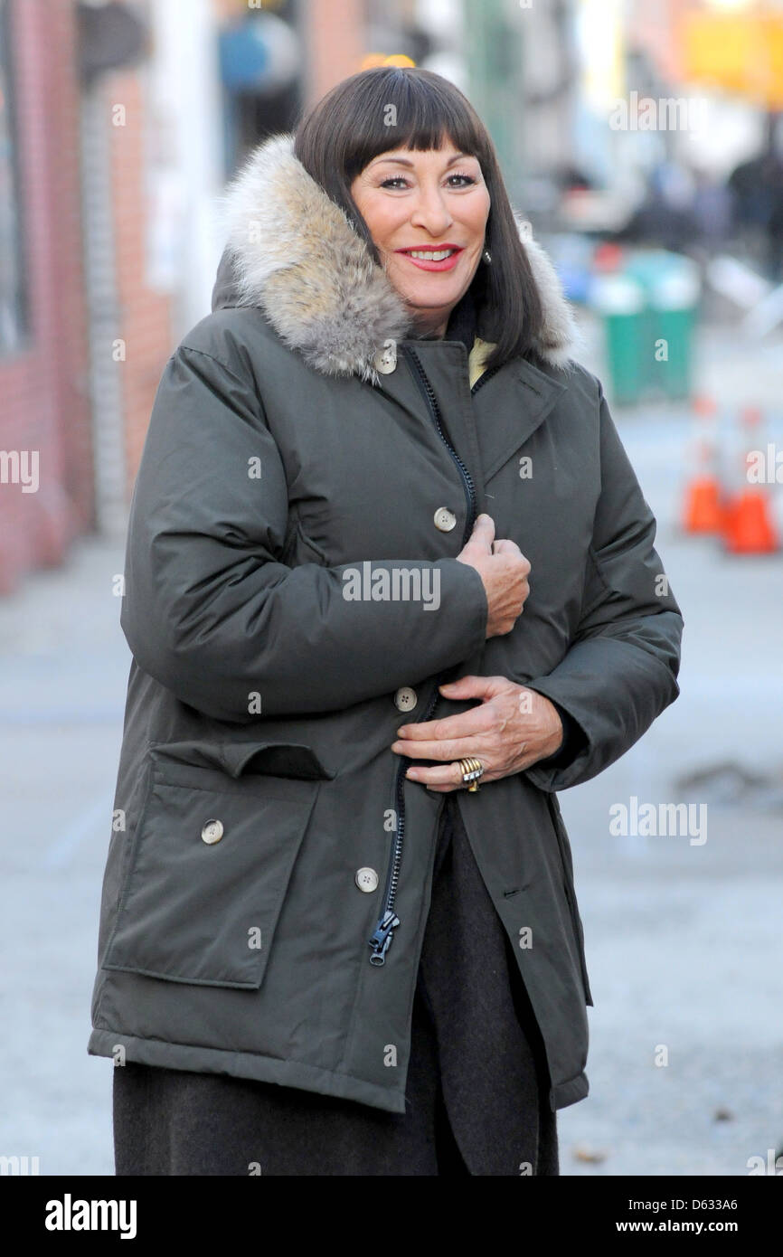 Anjelica Huston braving the cold weather on the set of "Smash" filming ...