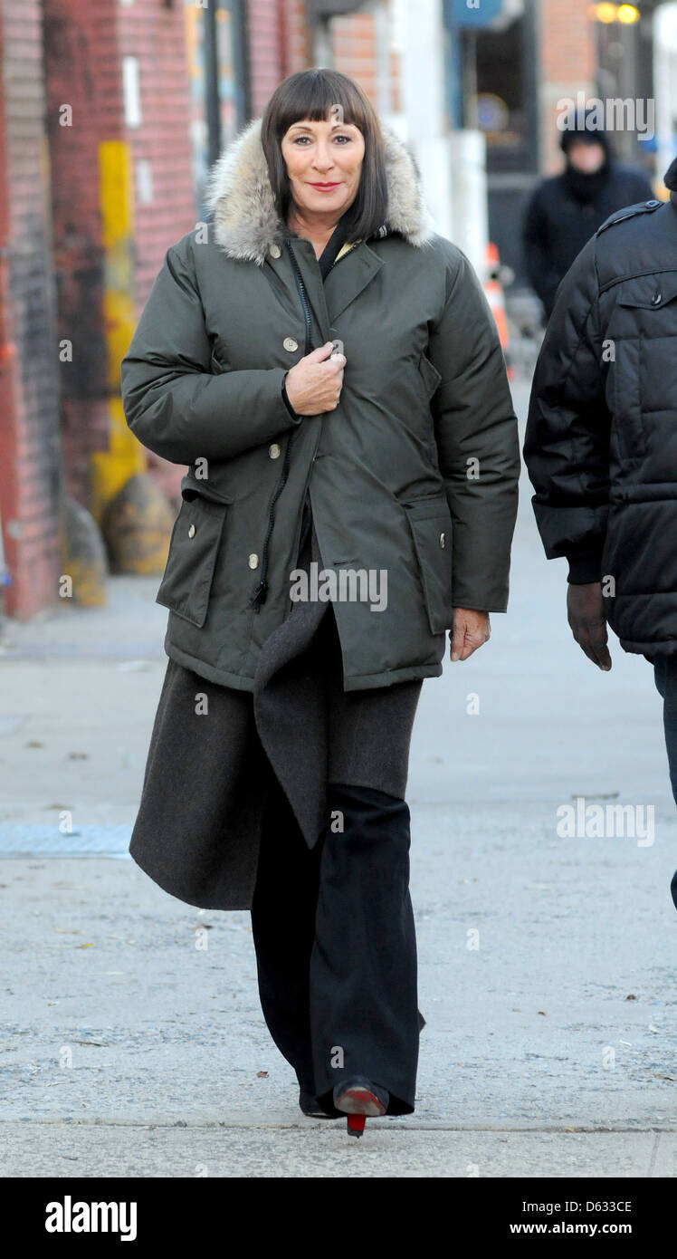 Anjelica Huston braving the cold weather on the set of "Smash" filming ...