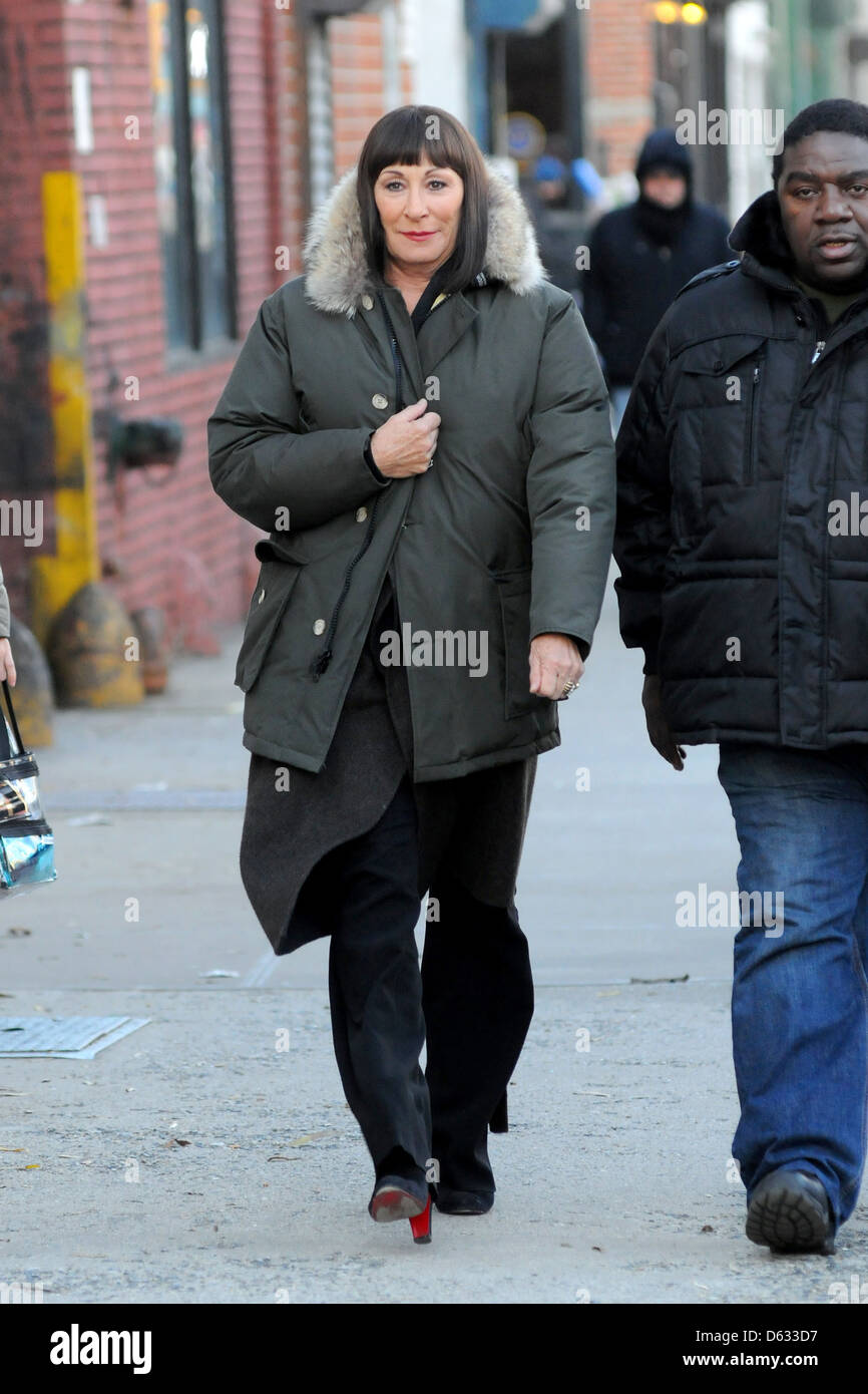 Anjelica Huston braving the cold weather on the set of "Smash" filming ...