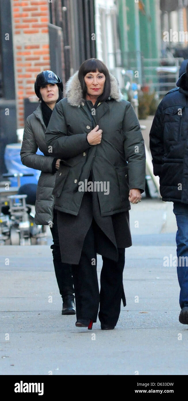 Anjelica Huston braving the cold weather on the set of "Smash" filming ...