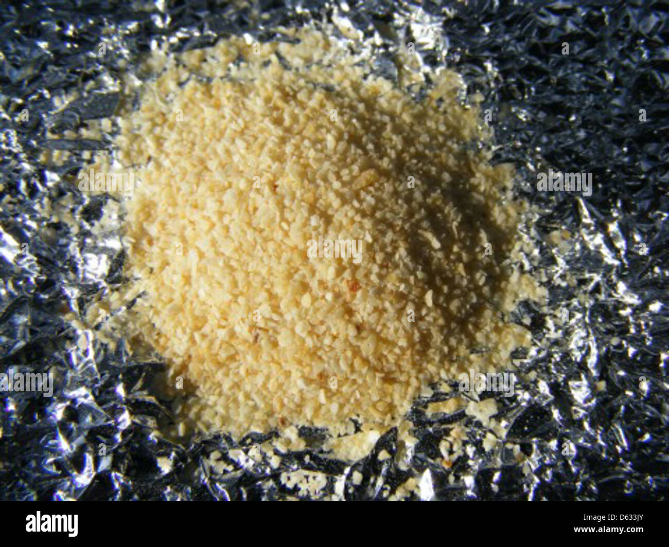 Ground garlic, a common spice used in cooking, is shown in a close-up ...