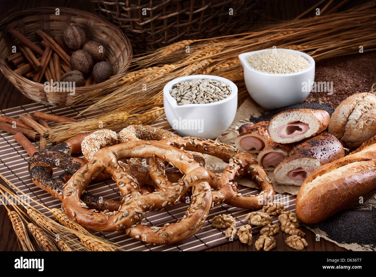 Group of different bakery products and seeds Stock Photo - Alamy