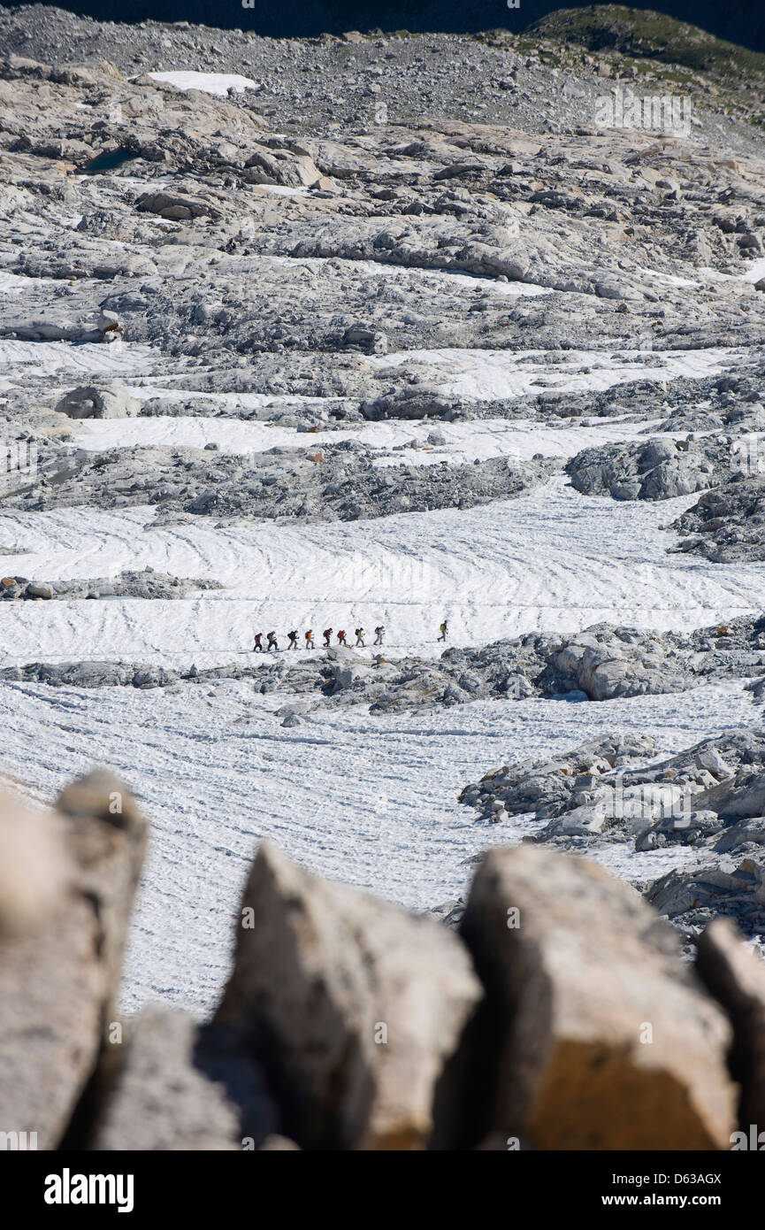climbers on Aneto glacier, below Pico de Aneto (3404m), the highest ...