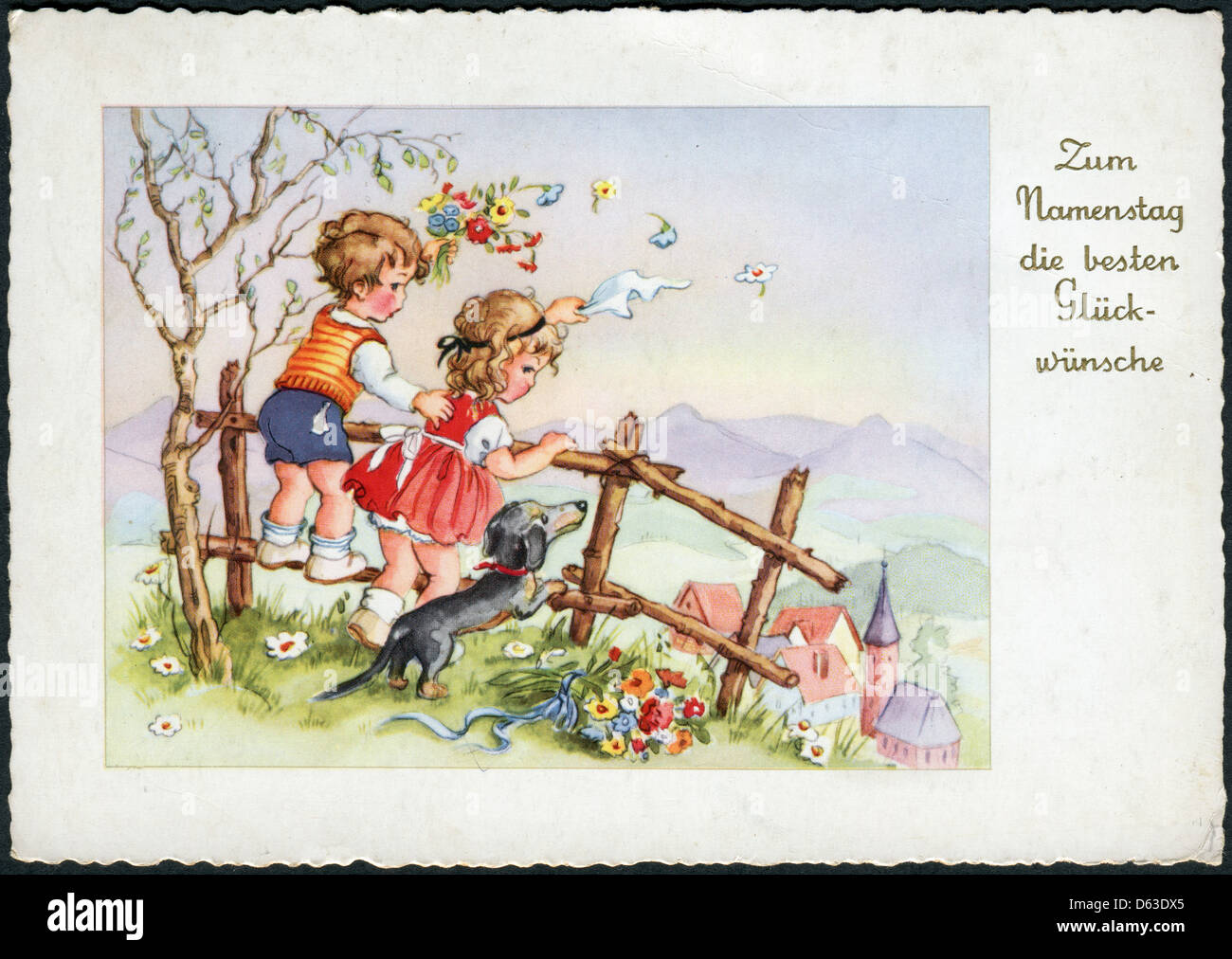 Old German postcard, circa 1955. Girl and boy in the village ...