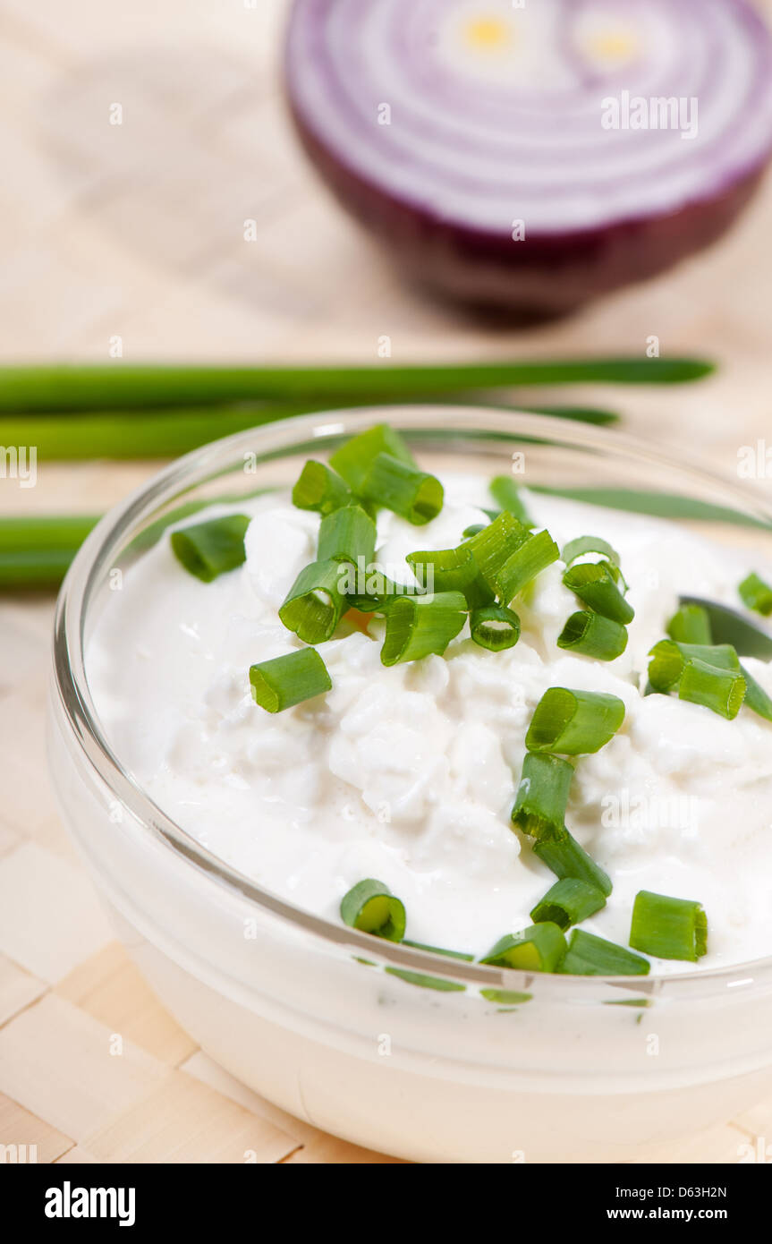 Glass bowl of cottage cheese with chives Stock Photo - Alamy