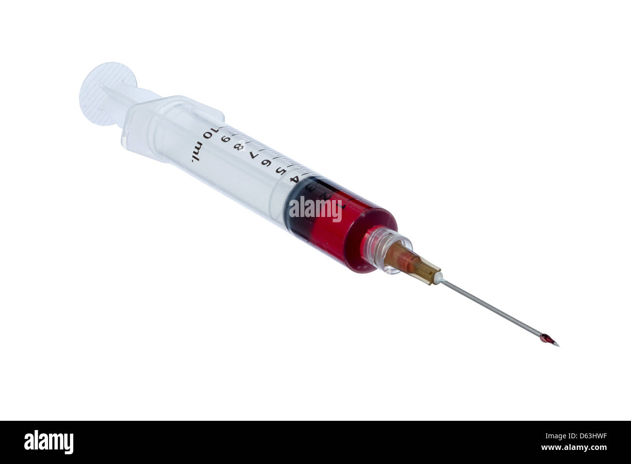 Plastic disposable syringe filled with red liquid. Isolated on white ...