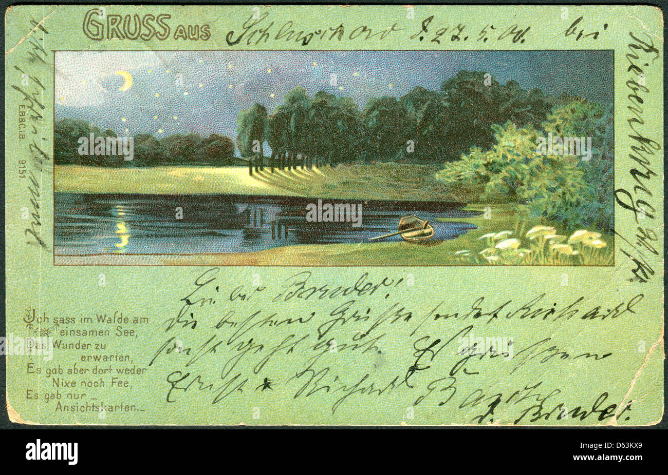 Old German postcard 1900. Shows a night landscape Stock Photo - Alamy