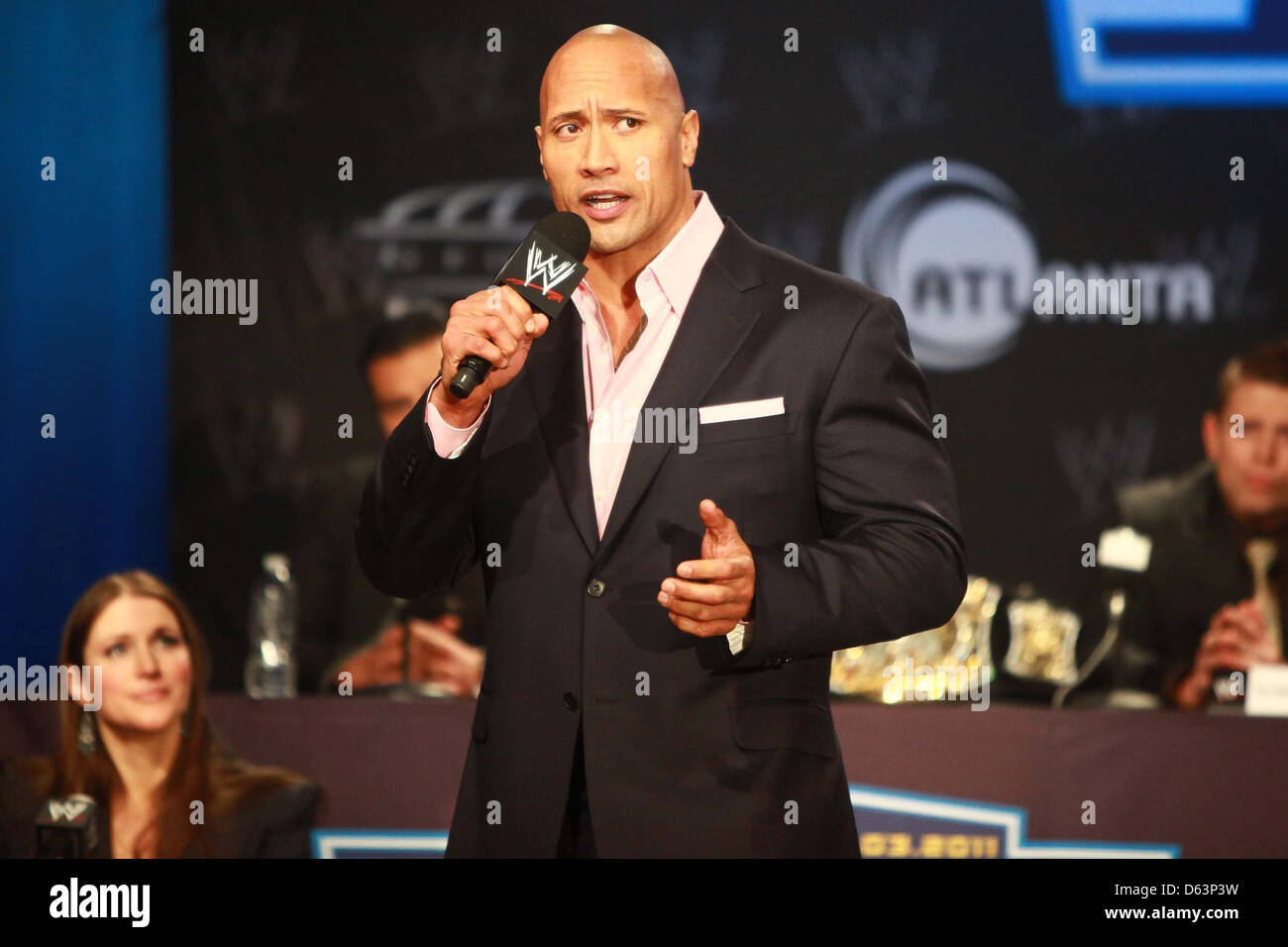 Dwayne Johnson aka The Rock attends a press conference with WWE ...