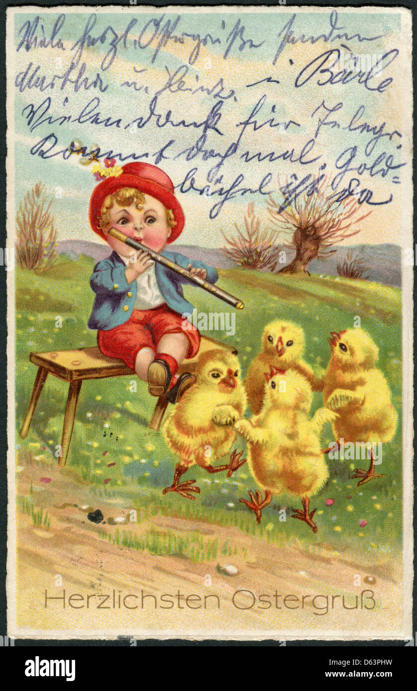 Old German postcard of 1935. Shows a boy playing the flute and dancing ...