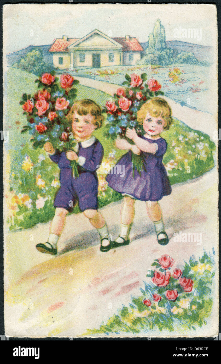 Old German postcard of 1935. Shows children with flowers coming down ...