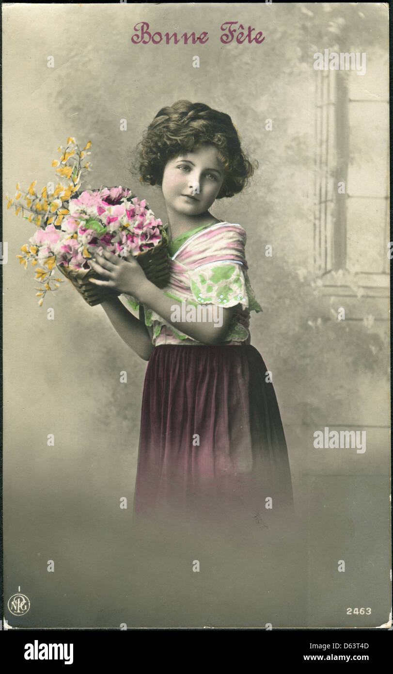 Old Swiss postcard 1916. Shows a girl with flowers. The inscription in ...