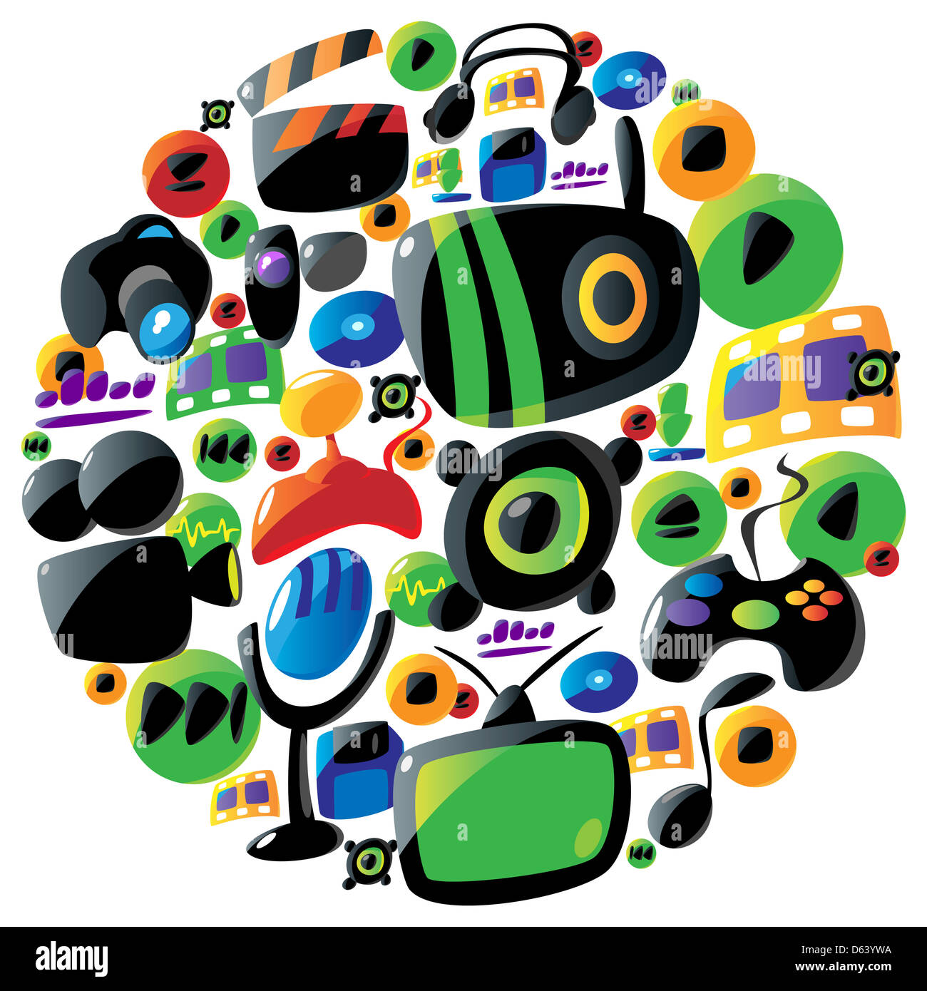 Colorful entertainment and music icons in circle Stock Photo - Alamy