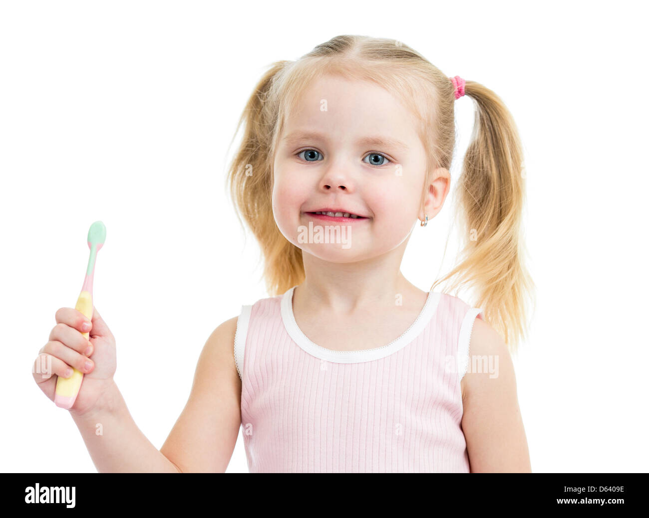 cute child girl brushing teeth isolated on white background Stock Photo ...