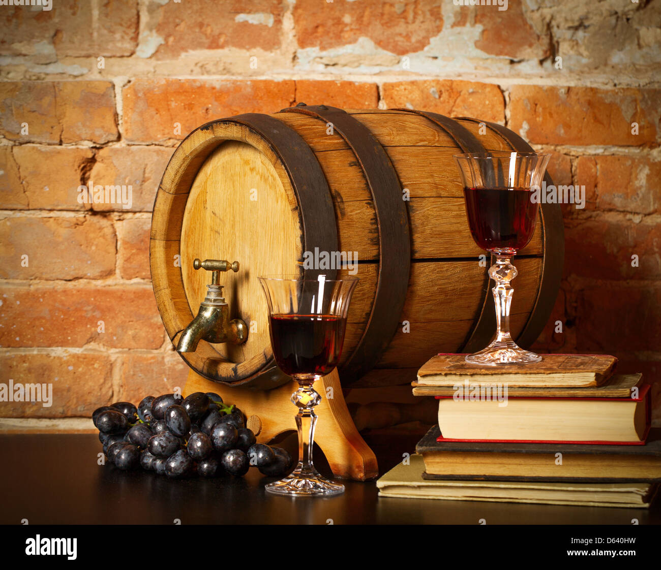 Retro still life with red wine and barrel Stock Photo - Alamy