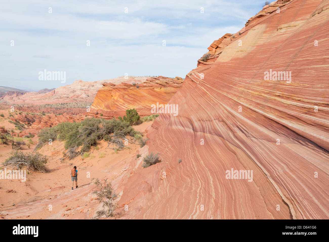 Young woman hiking along the unmarked trail - The Wave - near the ...