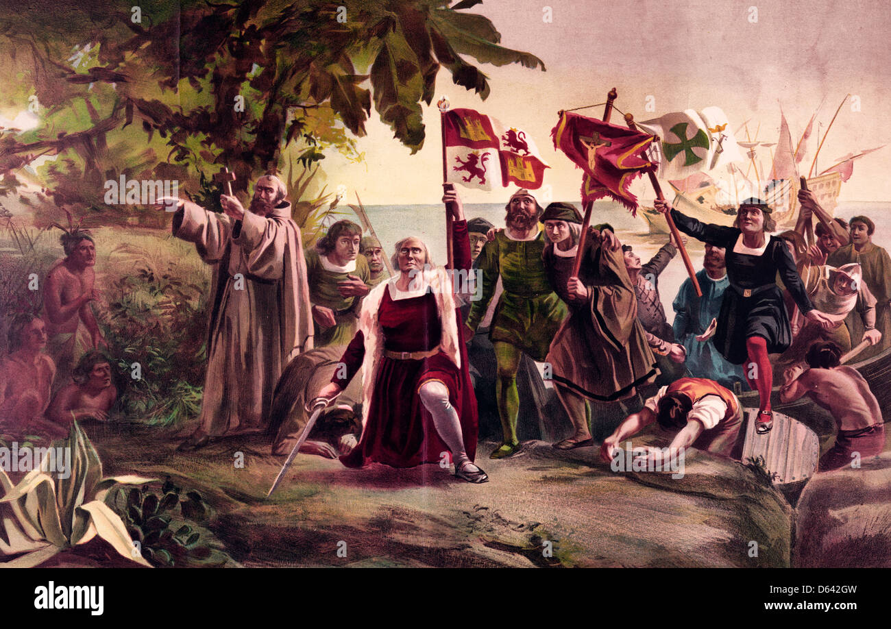 Columbus taking possession of the new country Stock Photo - Alamy