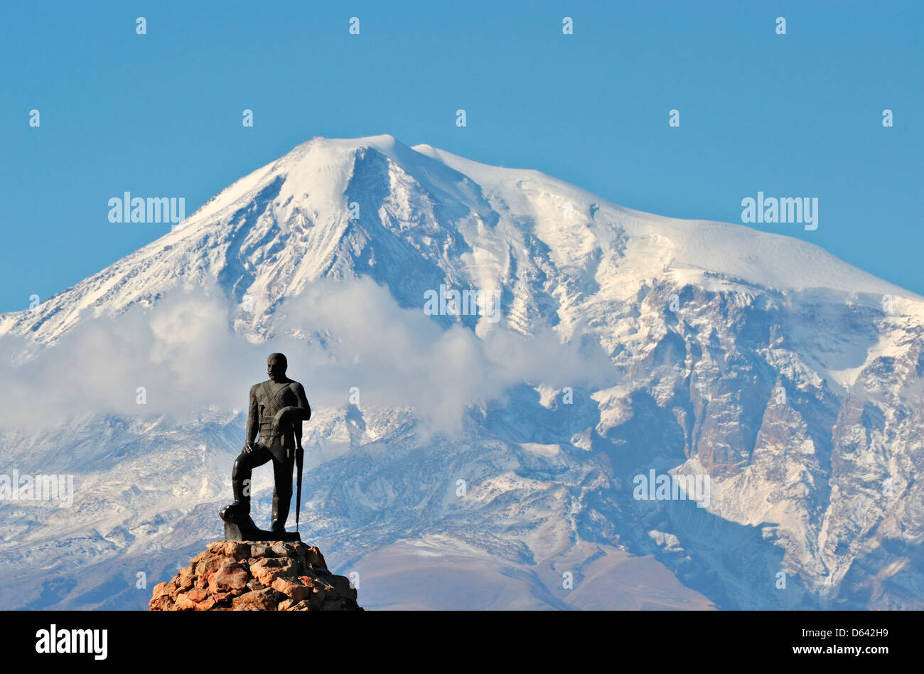 Statue of a fedayee (Armenian warrior) with Mount Ararat in the ...