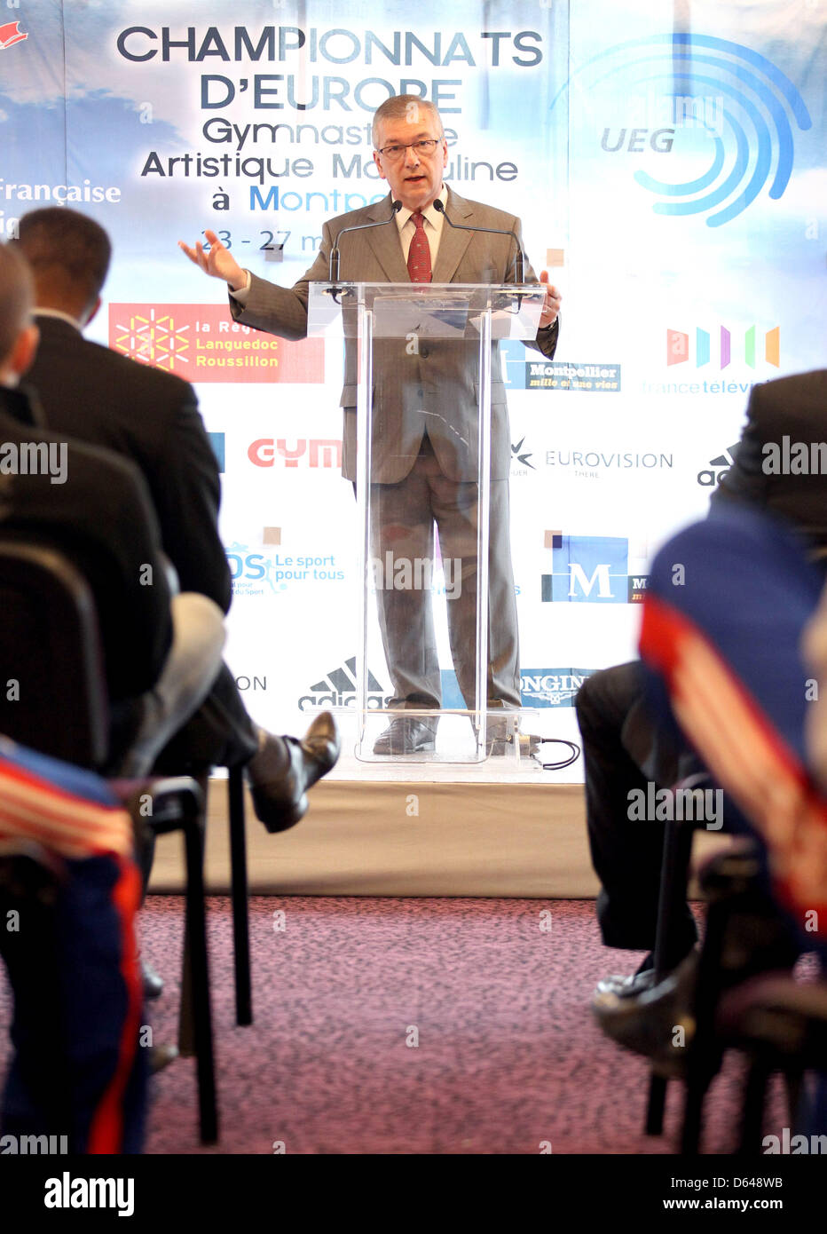 Jacques Rey, FFG President, speaks at the Men's European Artistic ...