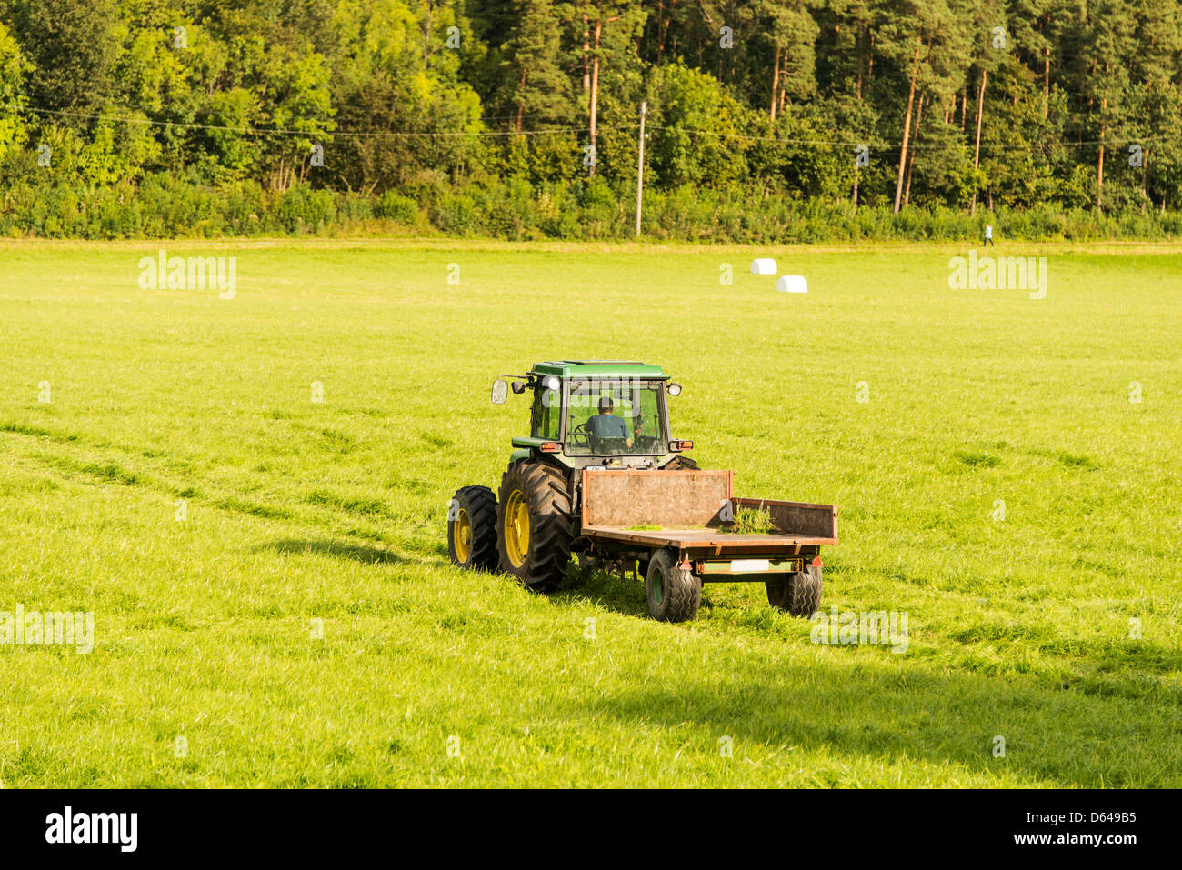 Green tractor in green field Stock Photo - Alamy