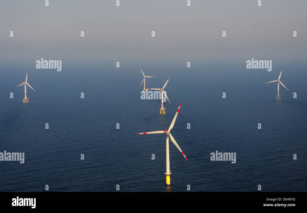 An aerial photo shows the Offshore wind farm Alpha Ventus in the North ...