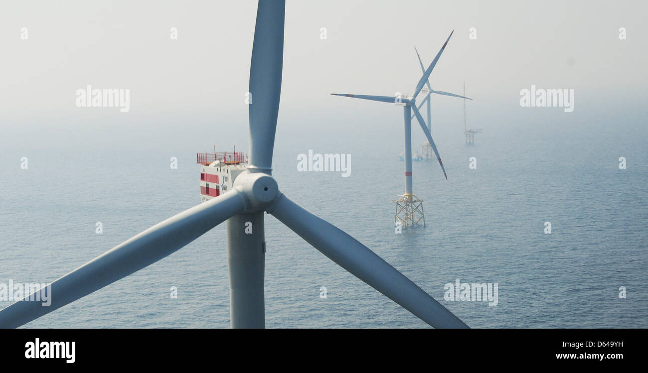An aerial photo shows the Offshore wind farm Alpha Ventus in the North ...