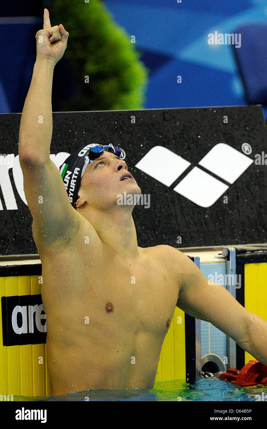 Hungary's Daniel Gyurta celebrates after winning the men's 200 Meters ...
