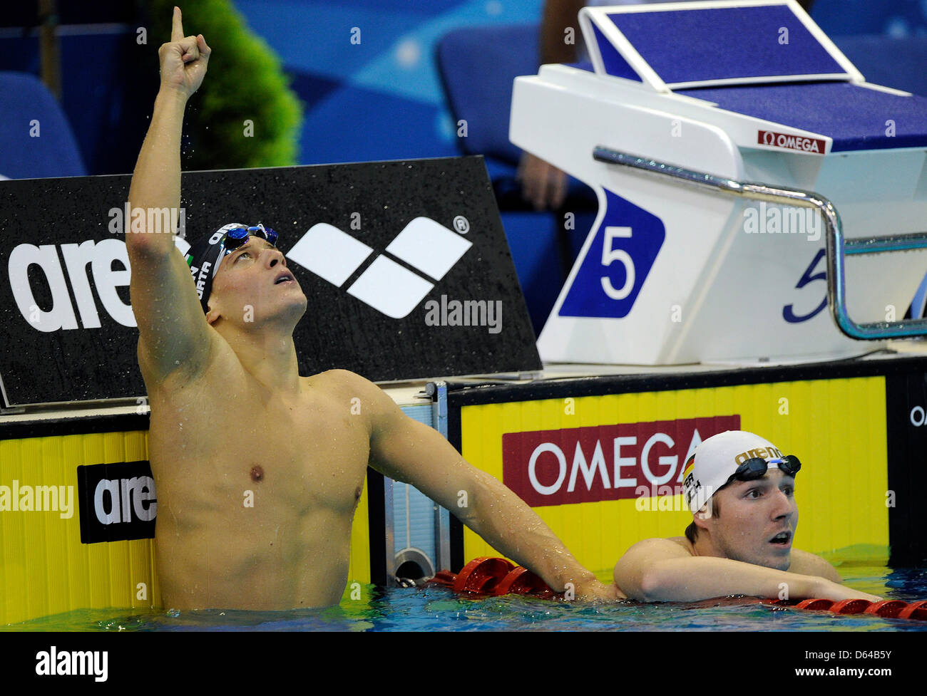 Hungary's Daniel Gyurta (L) celebrates close to Germany's Marco Koch ...