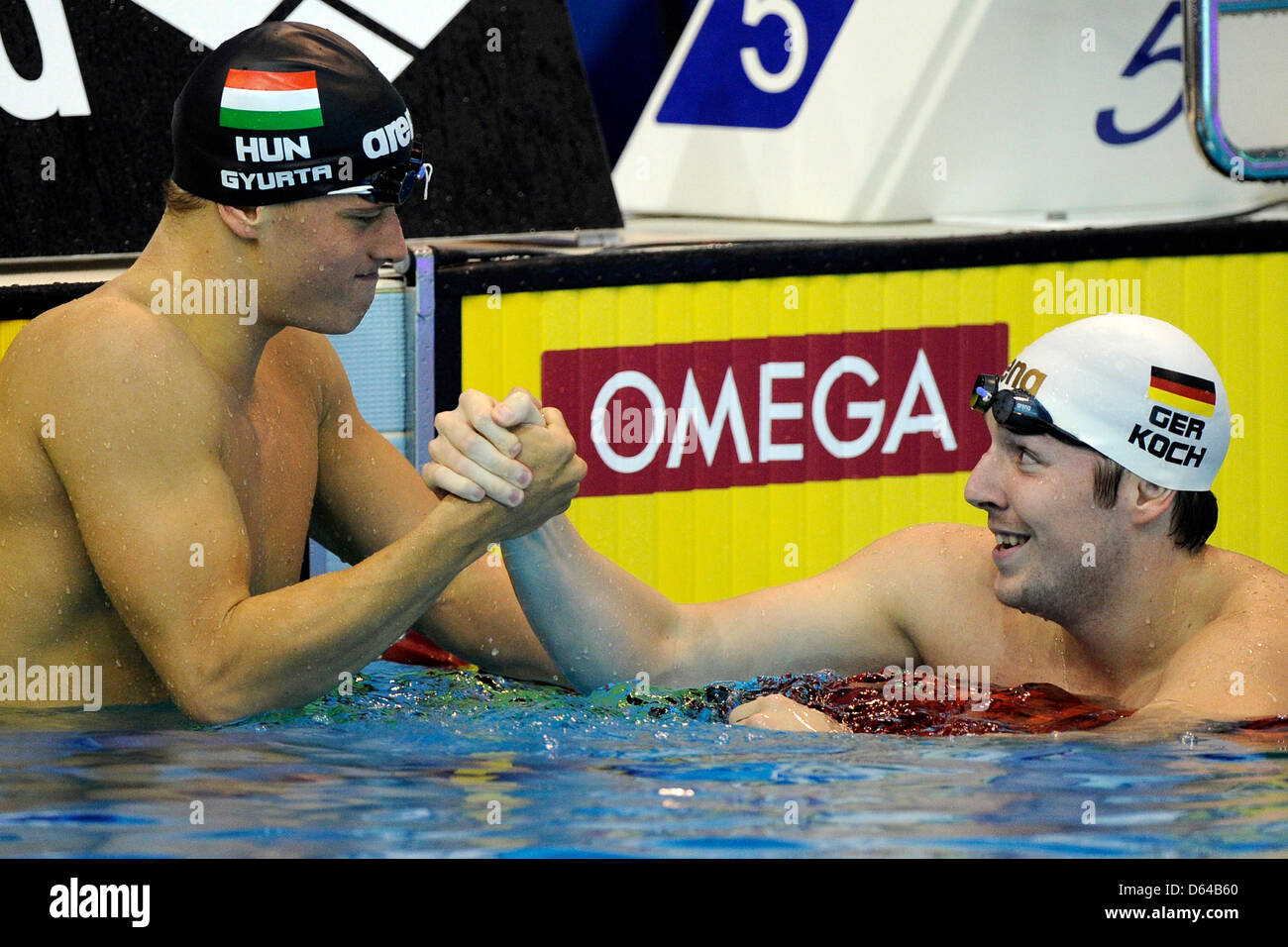 Germany's Marco Koch (R) congrats Hungary's winner Daniel Gyurta after ...