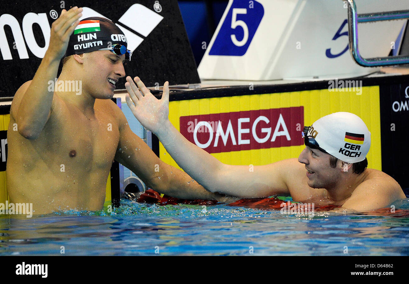 Germany's Marco Koch (R) congrats Hungary's winner Daniel Gyurta after ...