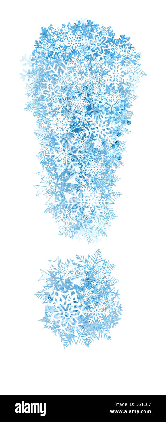 Exclamation mark , frosty blue snowflakes alphabet on white background ...