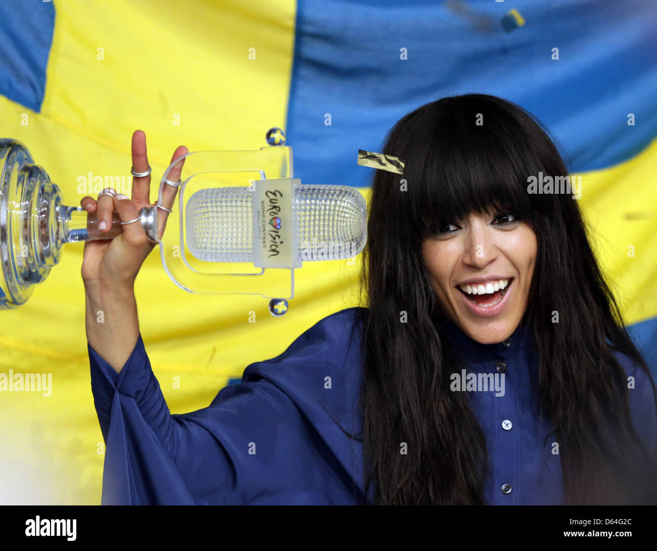 Loreen representing Sweden celebrates during the press conference after ...