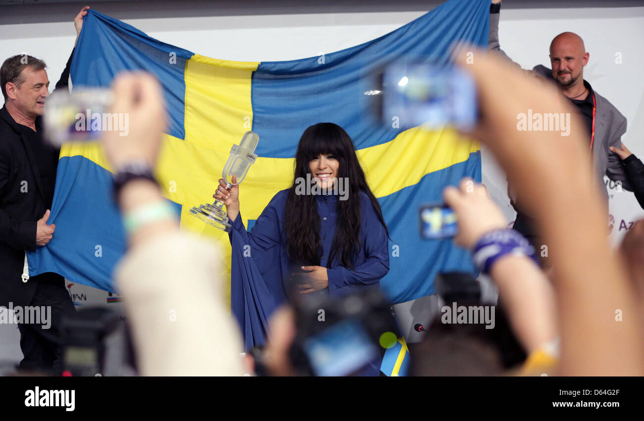 Loreen representing Sweden celebrates during the press conference after ...