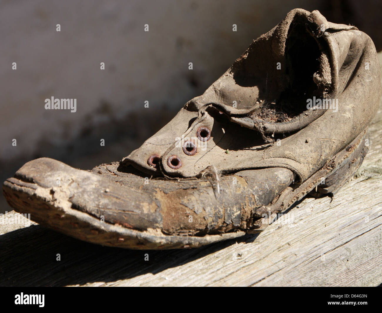 A photograph of old, rusty shoes that display significant signs of wear ...