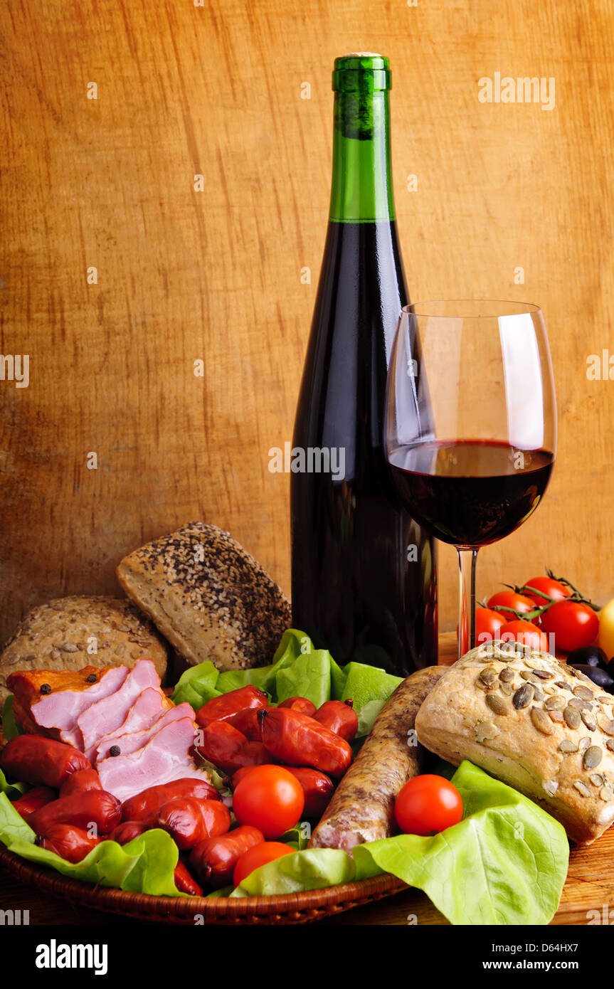 still life with traditional food and red wine Stock Photo - Alamy