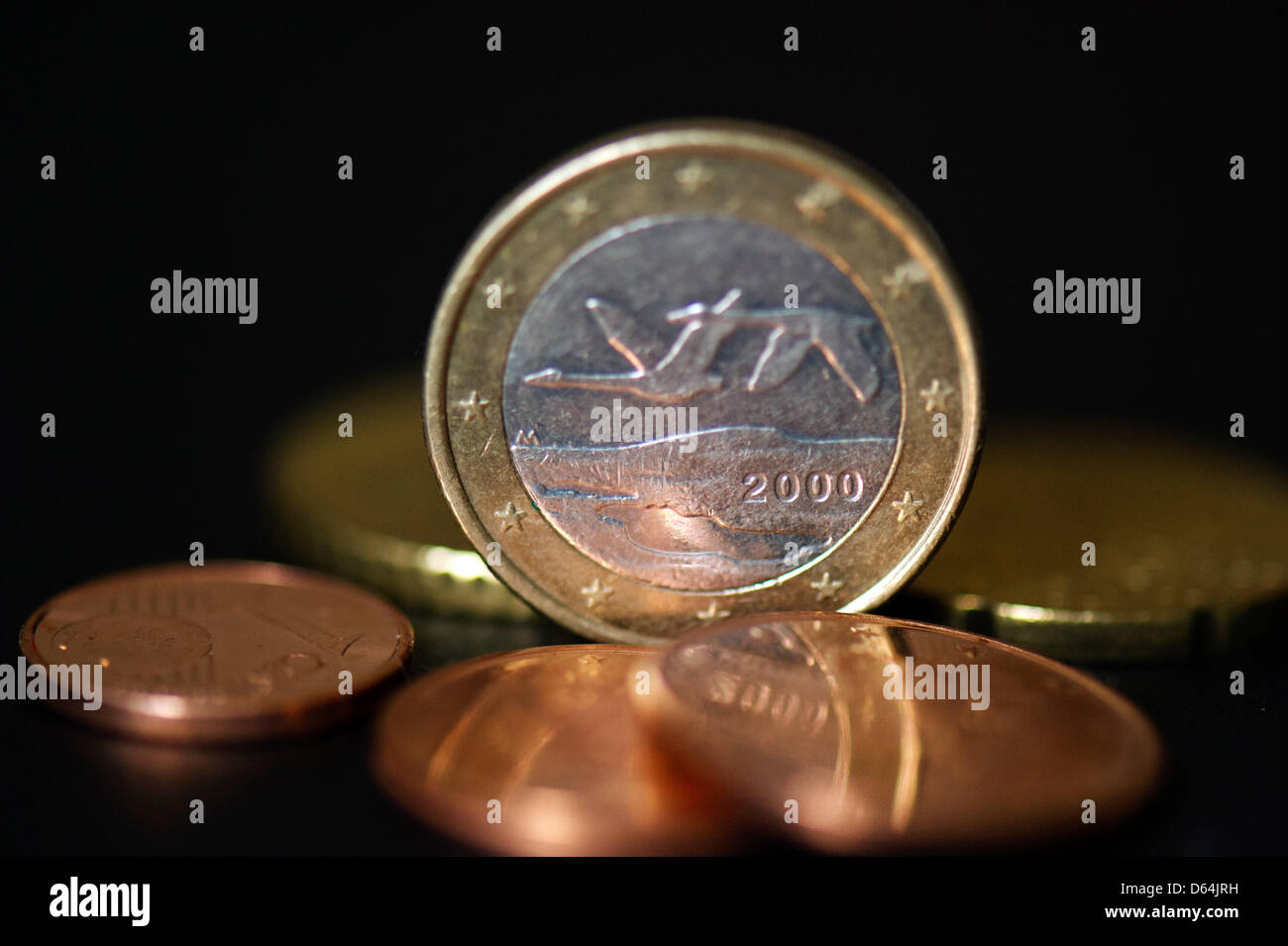 The illustration shows a small pile of Finnish Euro coins on display in ...