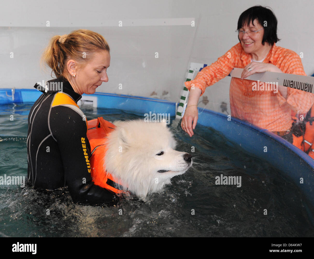 Malgorzata Szymanska swimms with dog Quaniit while owner Kerstin Witte ...