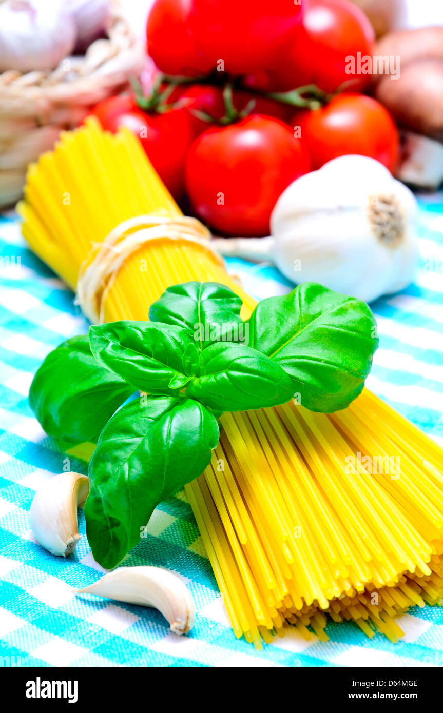 still life with italian spaghetti and ingredients Stock Photo - Alamy