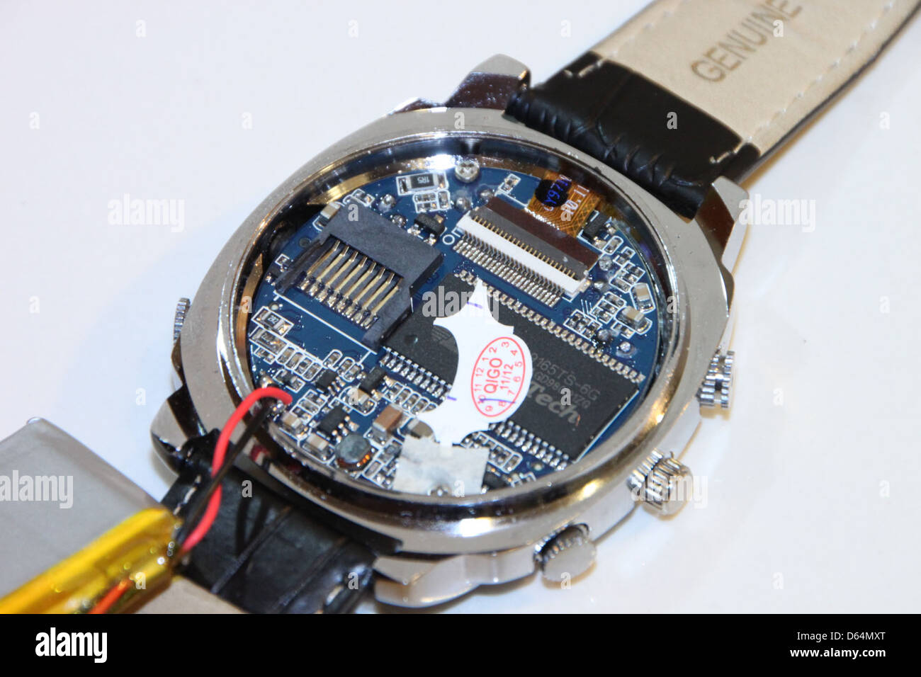 This image shows the interior of a spy watch camera and video recorder ...